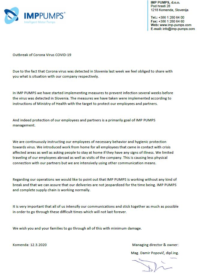 Official statement regarding Corona Virus COVID-19 - IMP Pumps